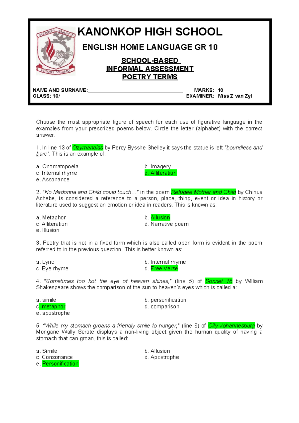 Gr.10 Poetry Informal Test Term 3 2023 - KANONKOP HIGH SCHOOL ENGLISH ...