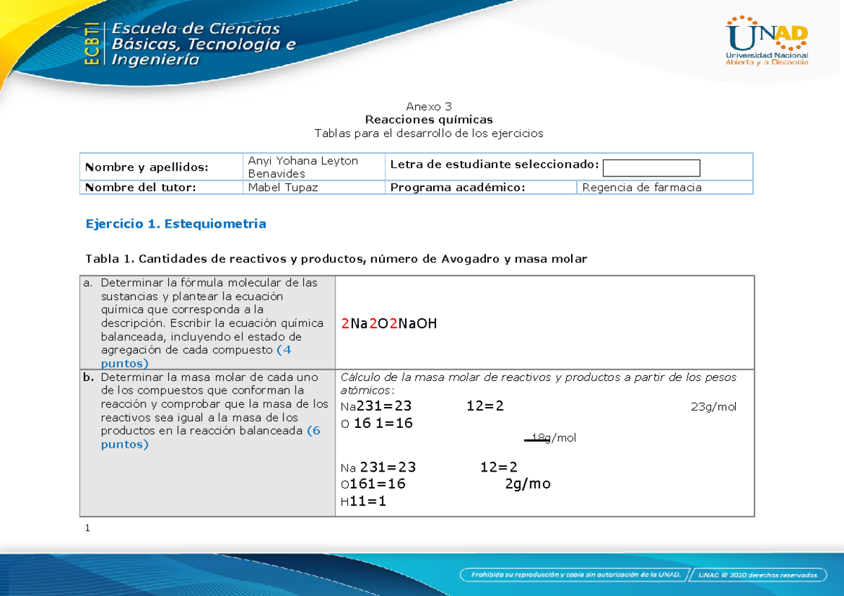 Reacciones Químicas desarrollo del trabajo final - Anexo 3 Reacciones ...