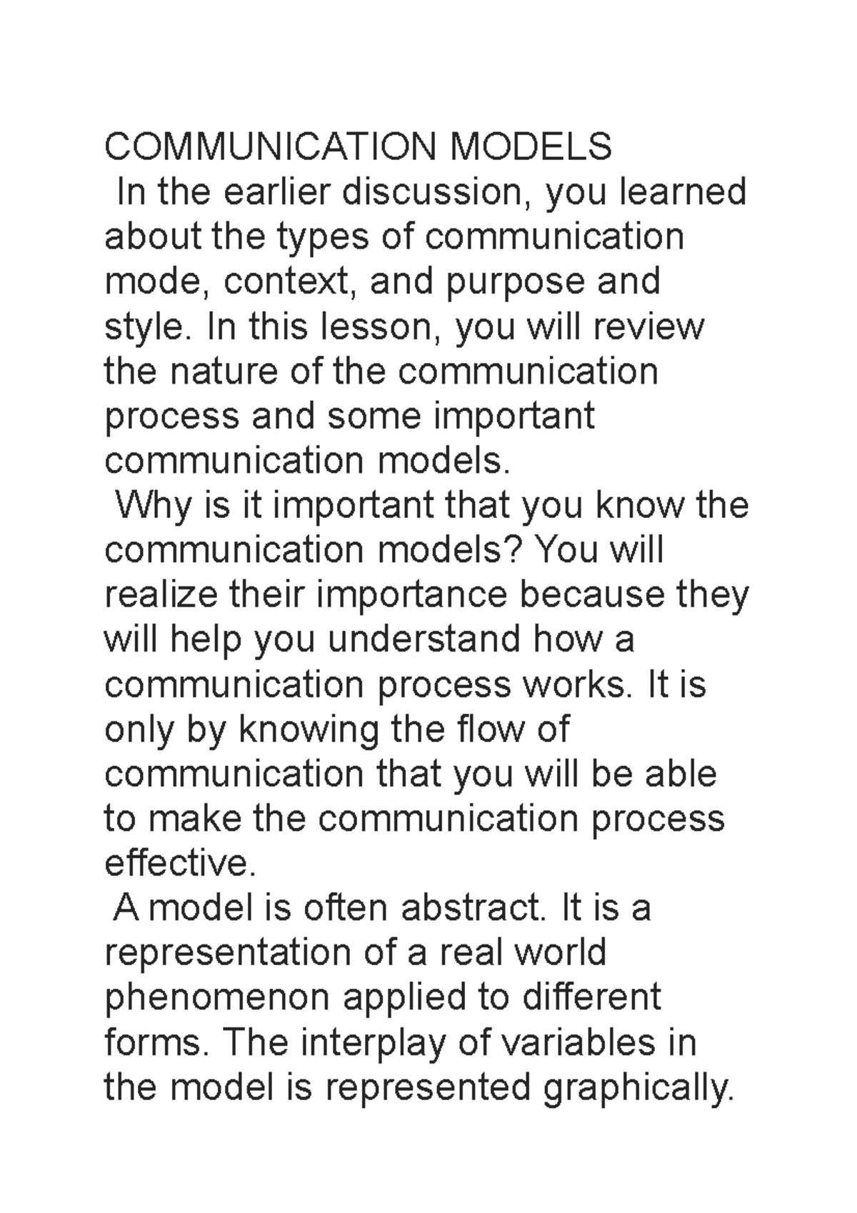 Communication model - COMMUNICATION MODELS In the earlier discussion ...