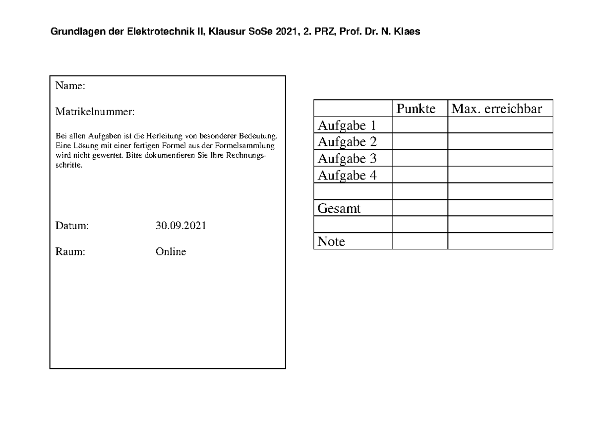 Elektotechnische Grundlagen 2 Klausur Sommersemester 21 II Zufall - Grundlagen der ...