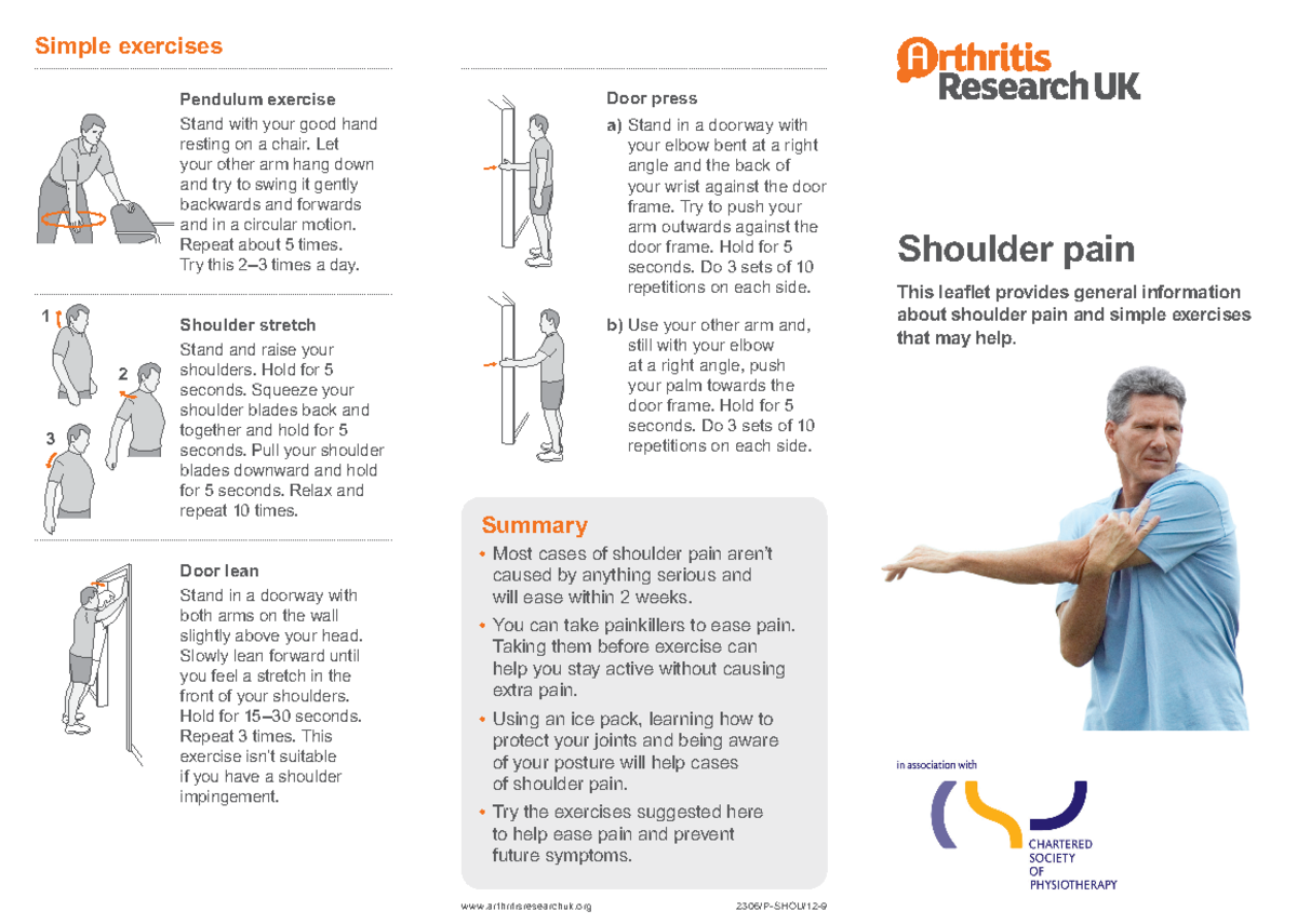 5 shoulder pain - Door press a) Stand in a doorway with your elbow bent ...