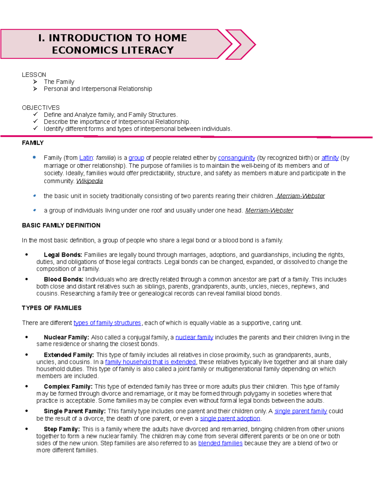 Family and Interpersonal Relationship - LESSON The Family Personal and ...