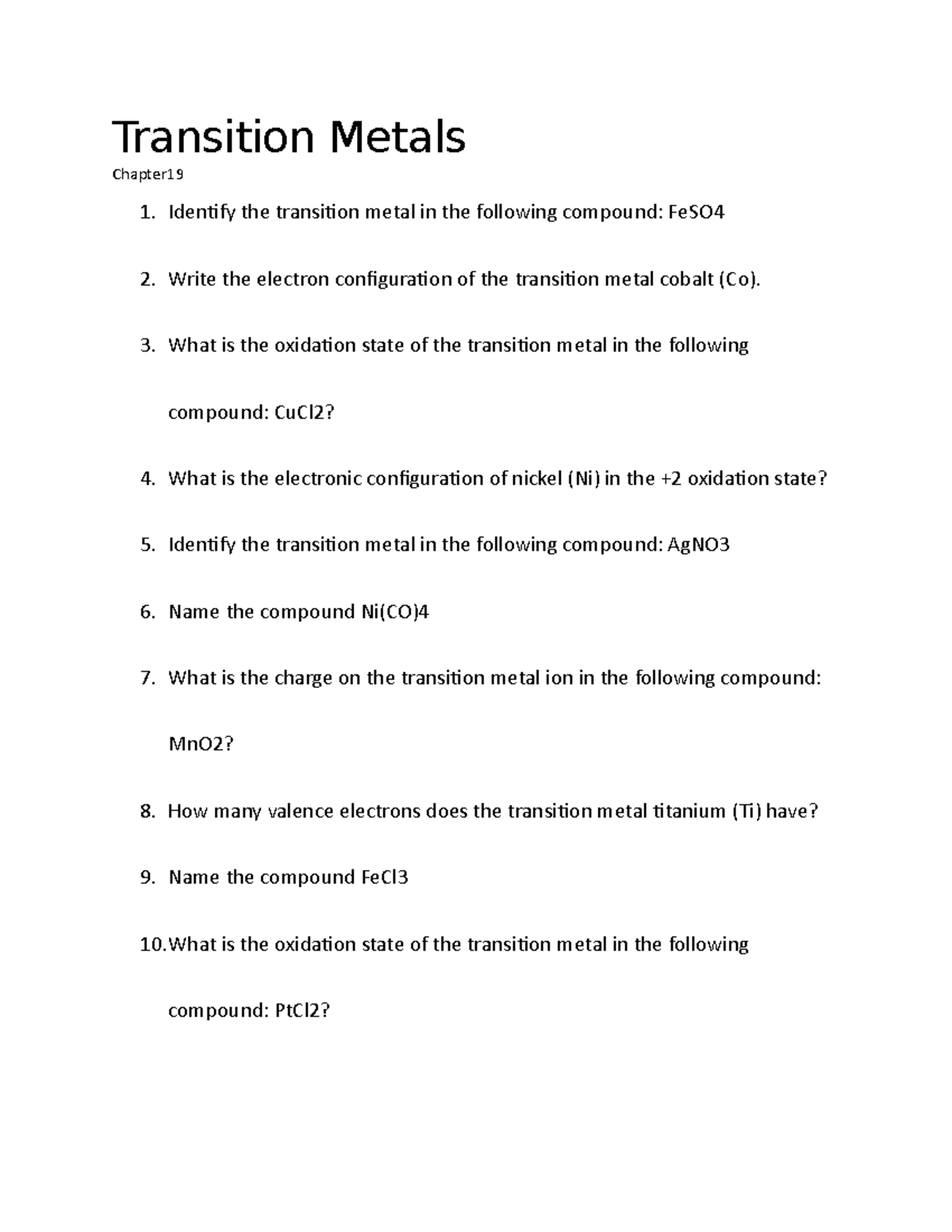Transition Metals - self-made chemistry worksheet - Transition Metals ...