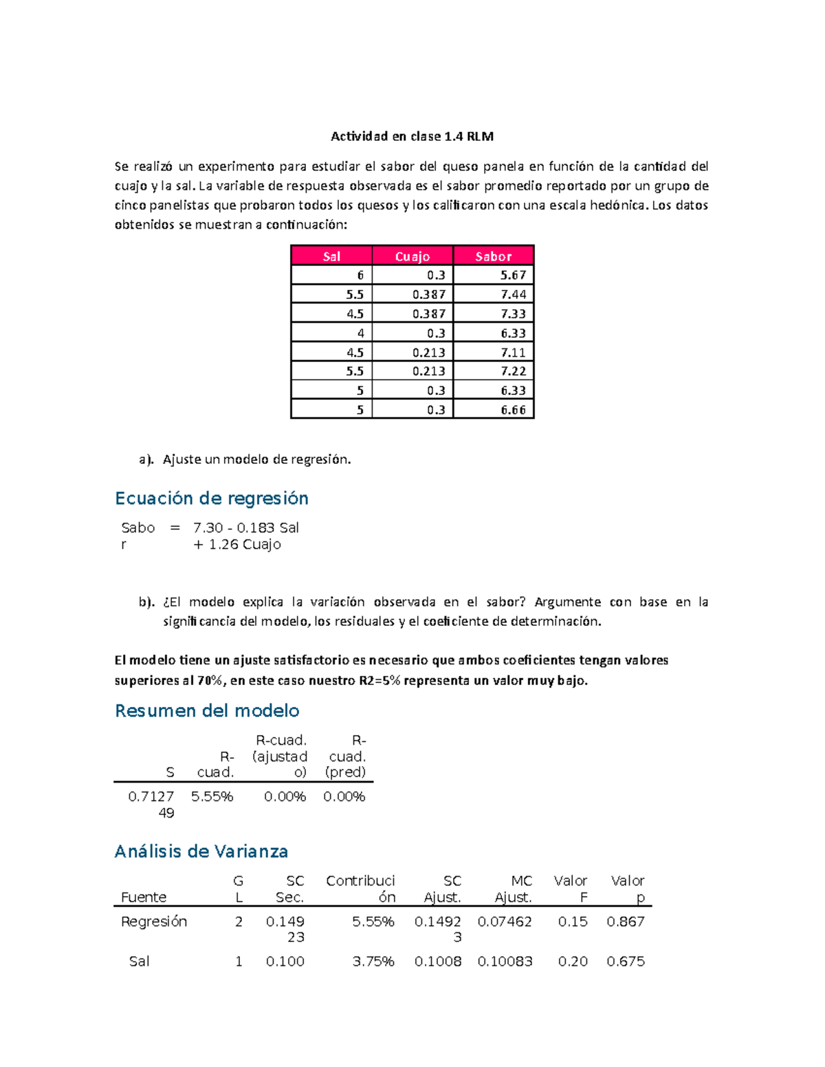 Actividad en clase 1 - La variable de respuesta observada es el sabor ...