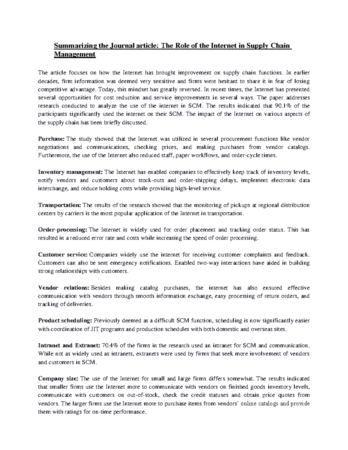 Summay- the role of the internet in scm1 - Summarizing the Journal ...