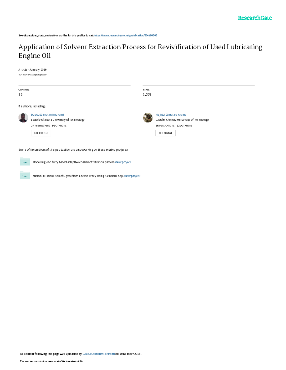 Application of Solvent Extraction Process for Revi - See discussions ...