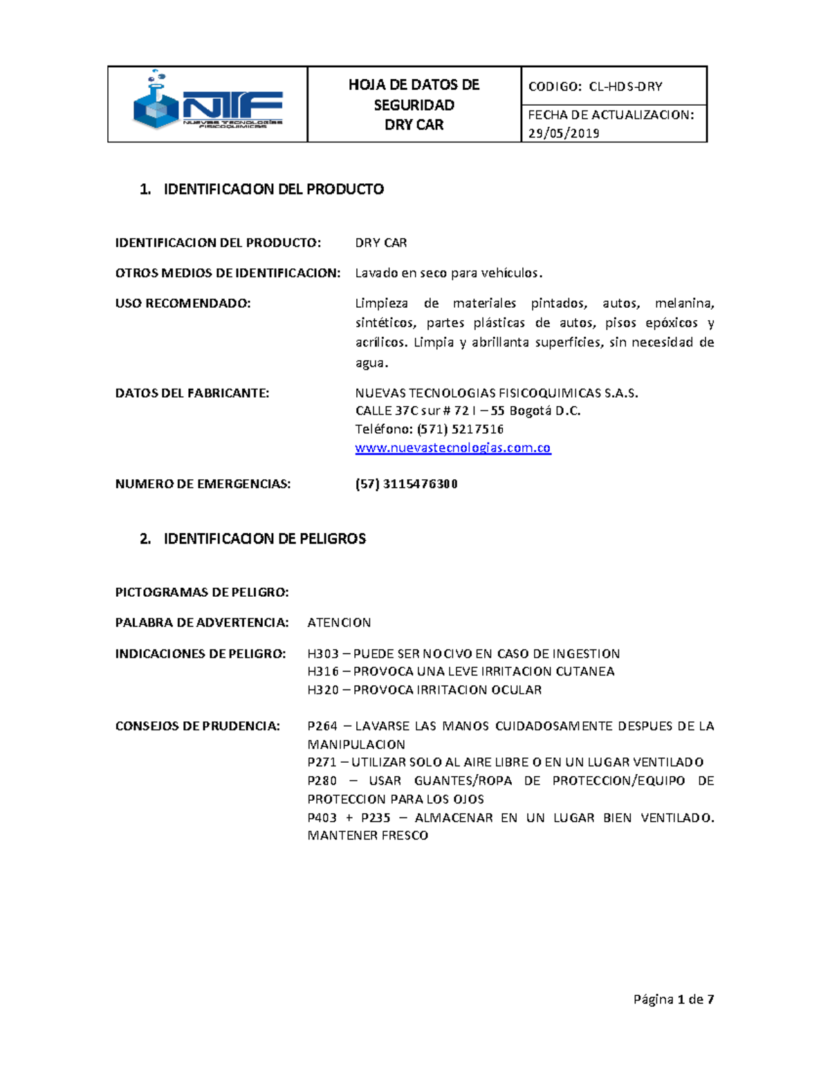 FDS - DRY CAR (lavado en seco) - SEGURIDAD DRY CAR CODIGO: CL-HDS-DRY ...