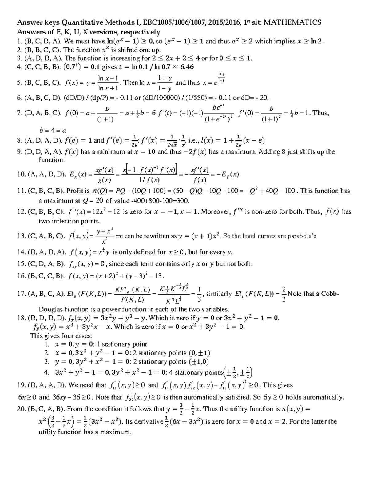 QM1Exam2015 Answer Key - Answer keys Quantitative Methods I, EBC1005 ...