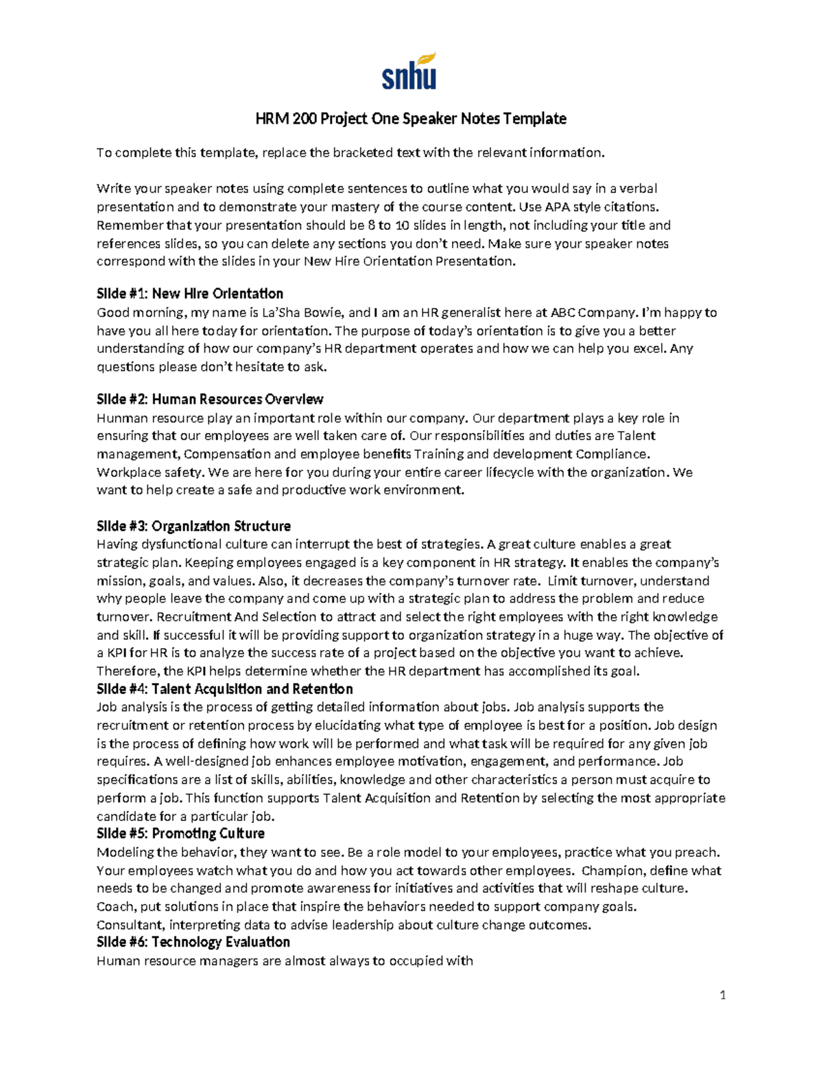 HRM 200 Project One - HRM 200 Project One Speaker Notes Template To ...