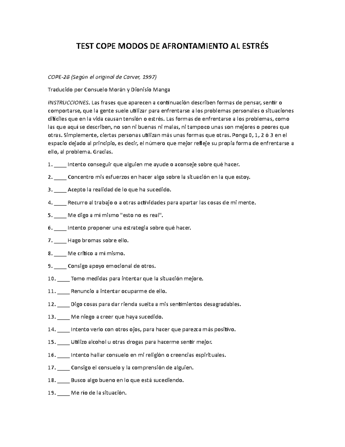 TEST COPE Modos DE Afrontamiento AL Estrés - TEST COPE MODOS DE ...
