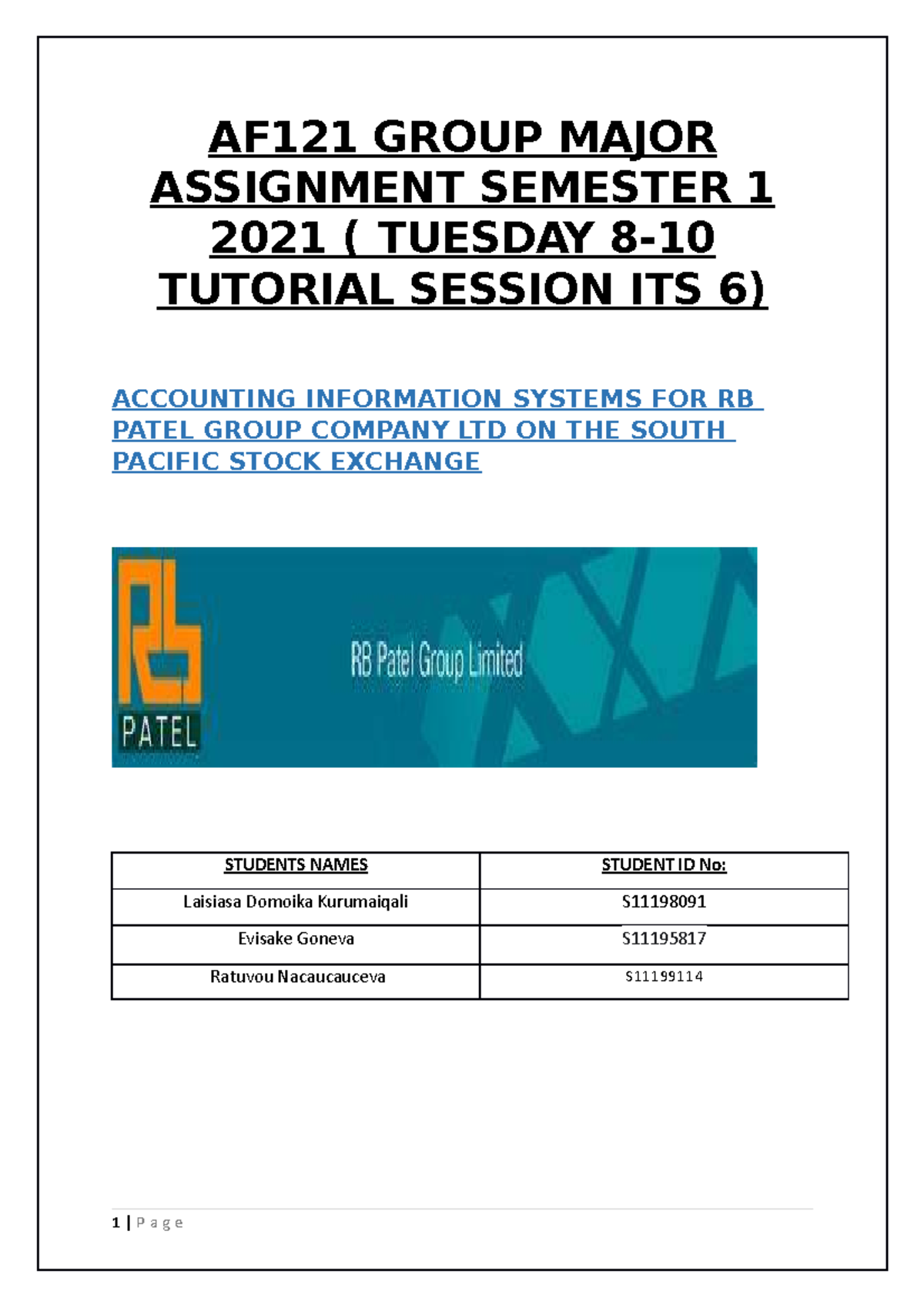 AF121 Group Assignment Semester 1 2021 - AF121 GROUP MAJOR ASSIGNMENT SEMESTER 1 2021 ( TUESDAY ...