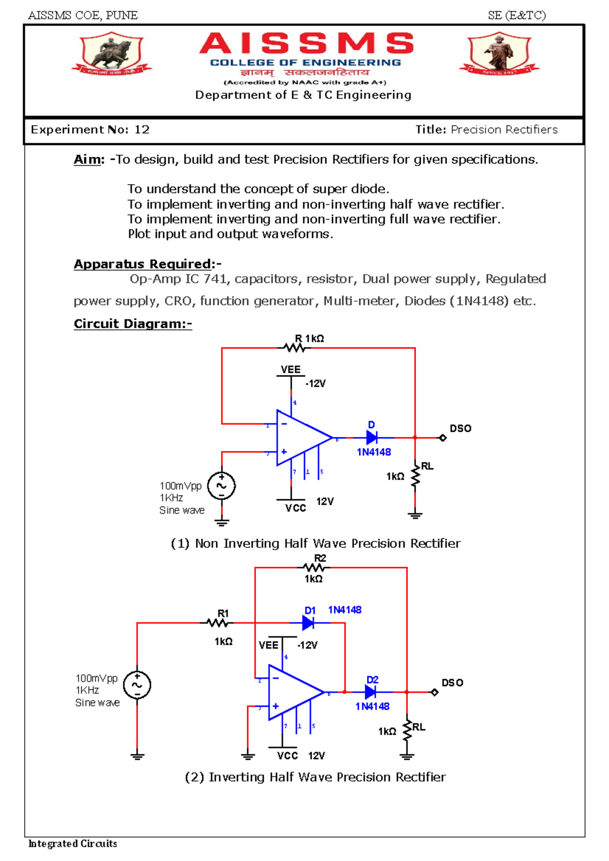 12 Precision Rectifiers - To understand the concept of super diode. To ...