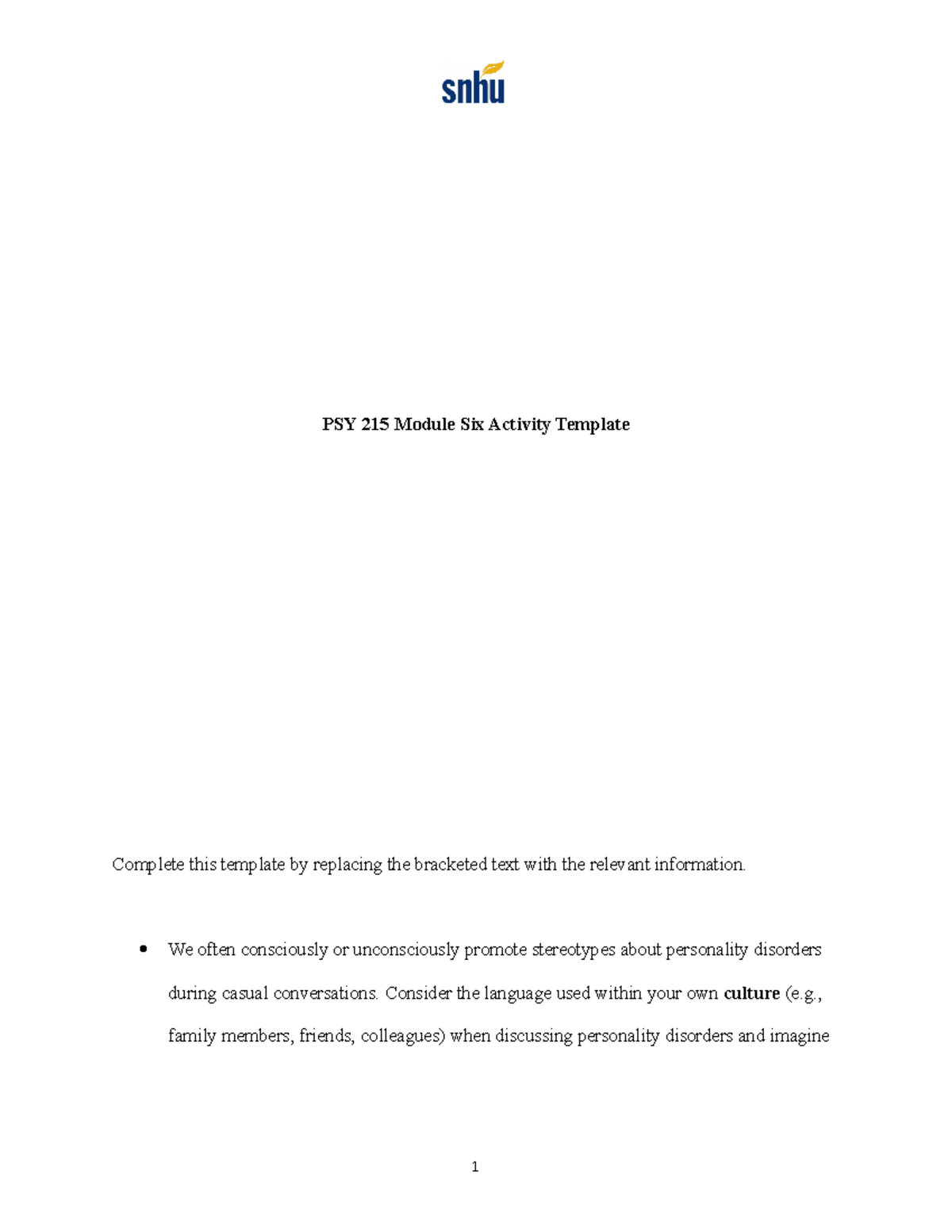 PSY 215 Module Six Activity Template - PSY 215 Module Six Activity Template Complete this ...