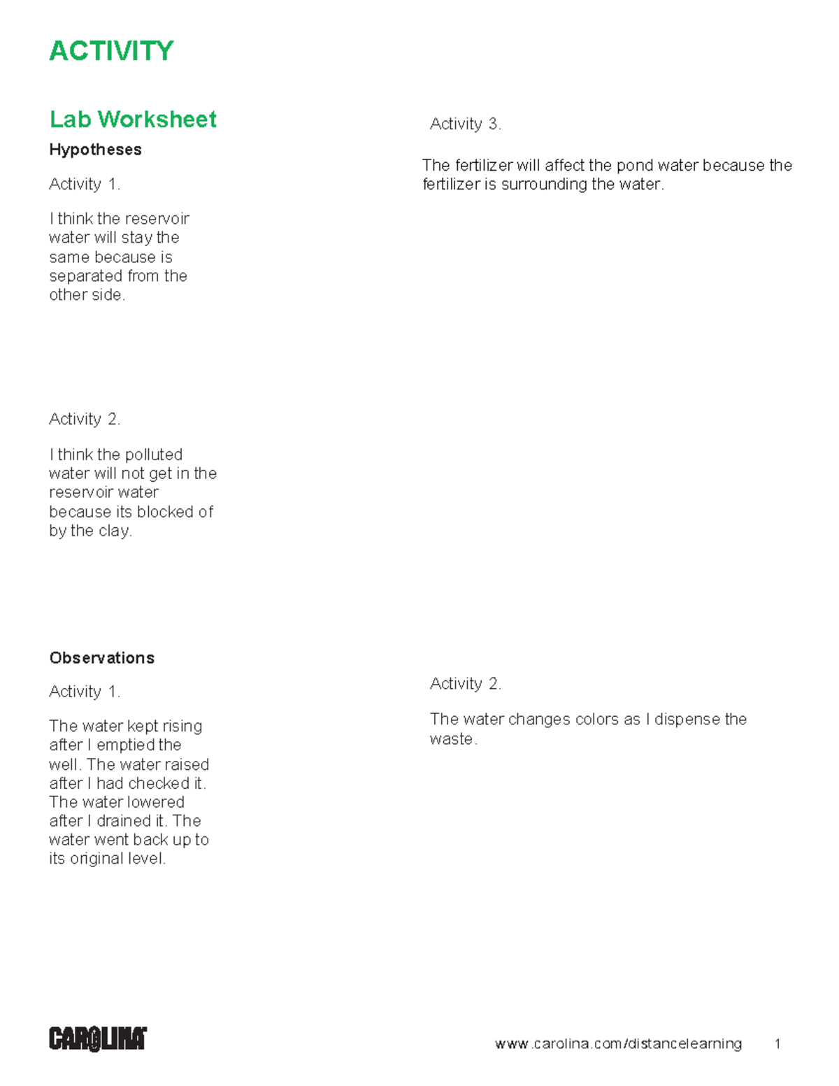 Lab Worksheet: Hypotheses Observations Lab Questions Materials and ...