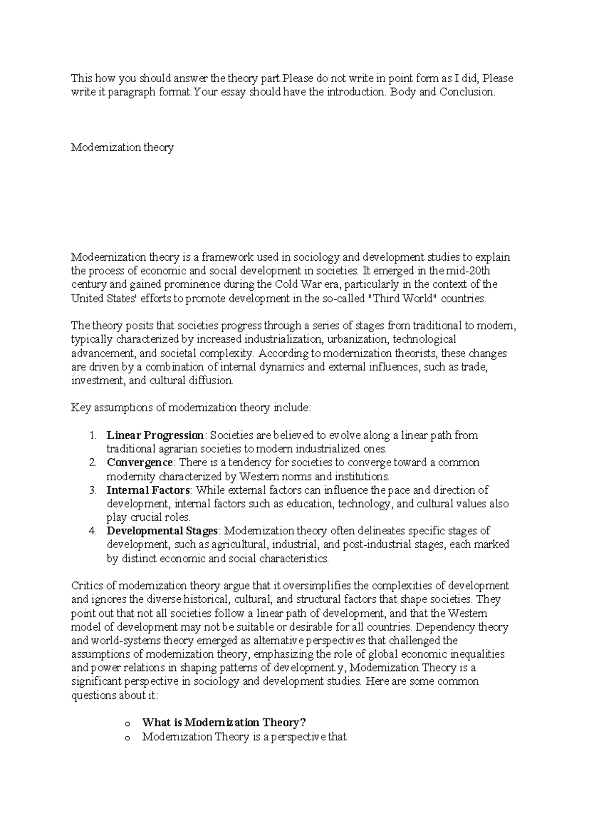 Modernization theory is a framework used in sociology and development ...