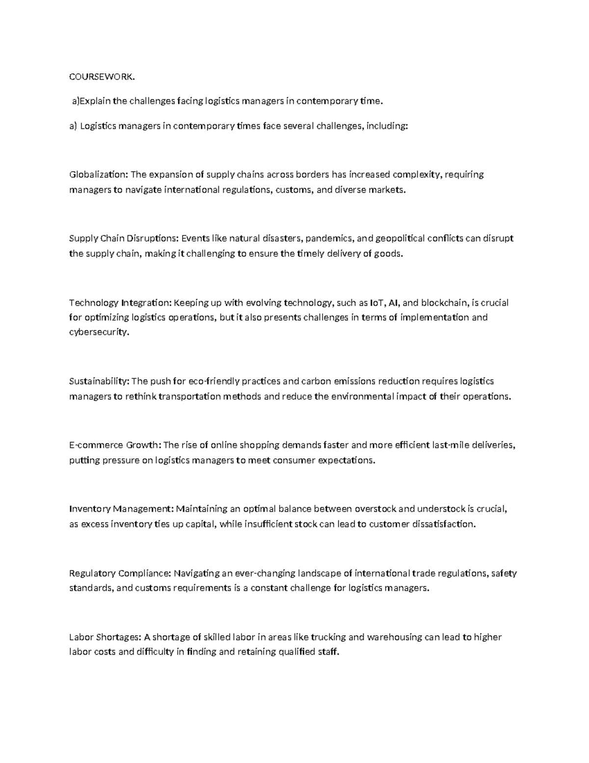 Logistics management - Notes - COURSEWORK. a)Explain the challenges ...