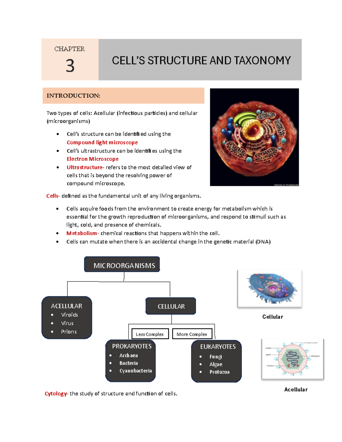 Micropara lec trances - Vvv ####### CHAPTER 3 CELL’S STRUCTURE AND TAXONOMY Two types of cells ...