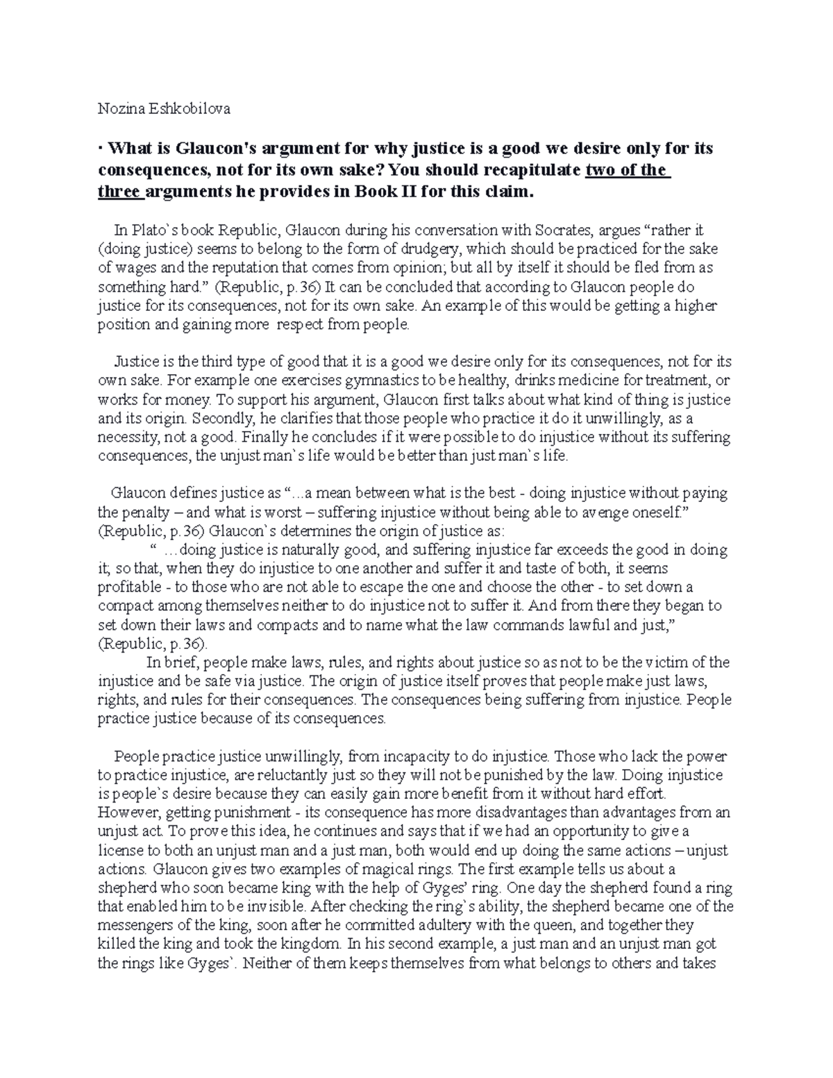 Glaucoon`s argument for justice final - Nozina Eshkobilova · What is ...
