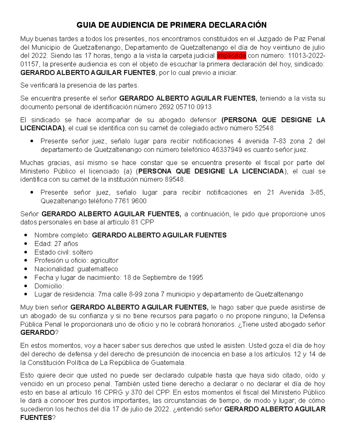 GUIA DE Audiencia DE Primera Declaración Homicidio Culposo - GUIA DE AUDIENCIA DE PRIMERA - Studocu