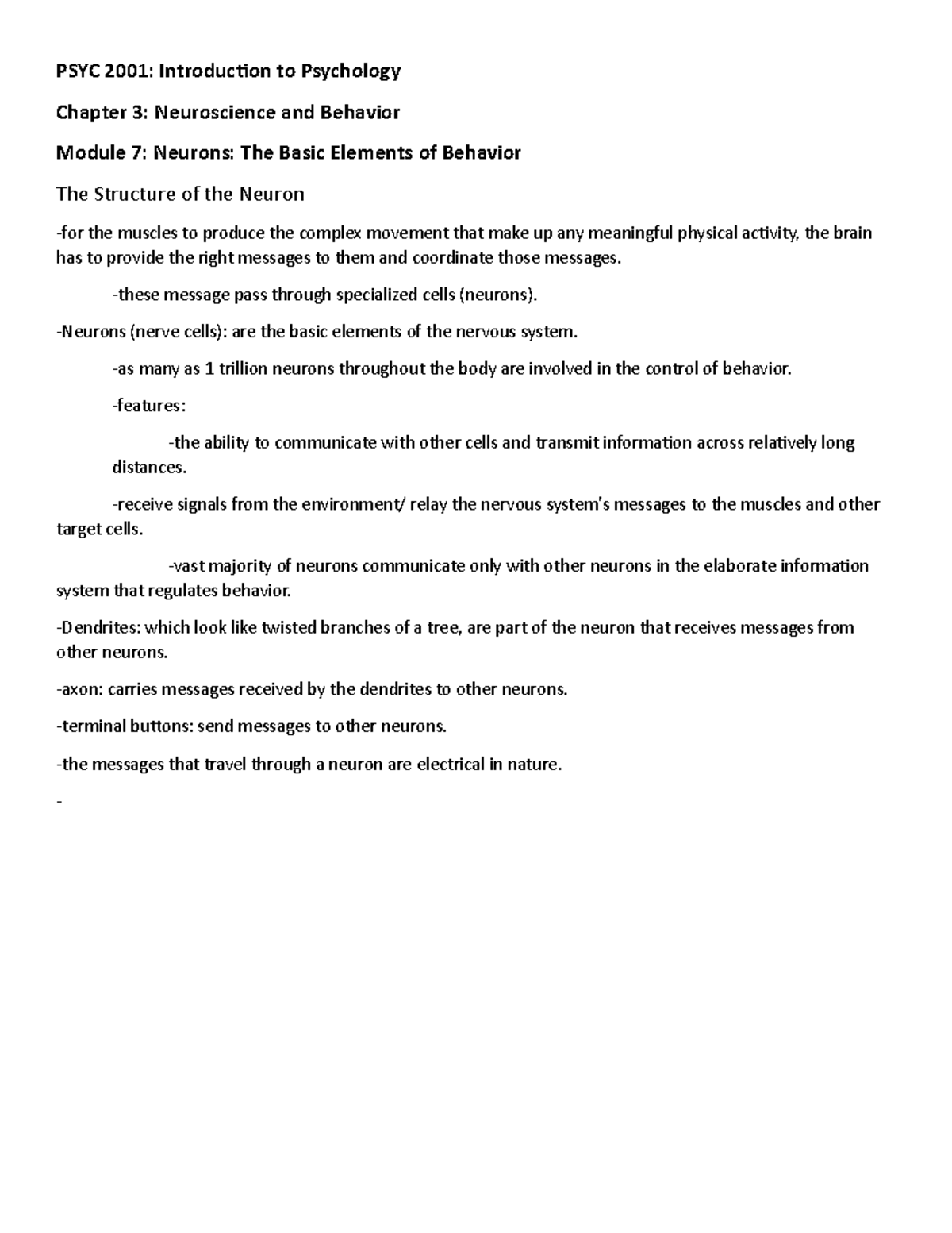 Chapter 3 Notes - Intro to Psychology - PSYC 2001: Introduction to ...