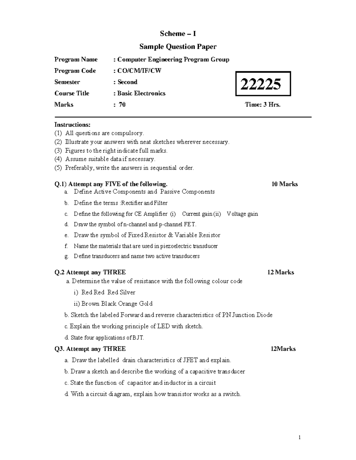 22225-Basic-Electronics Sample Question paper - Sample Question Paper Program Name : Computer ...