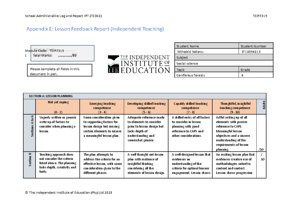 Lesson plan feedback report - Appendix E: Lesson Feedback Report ...