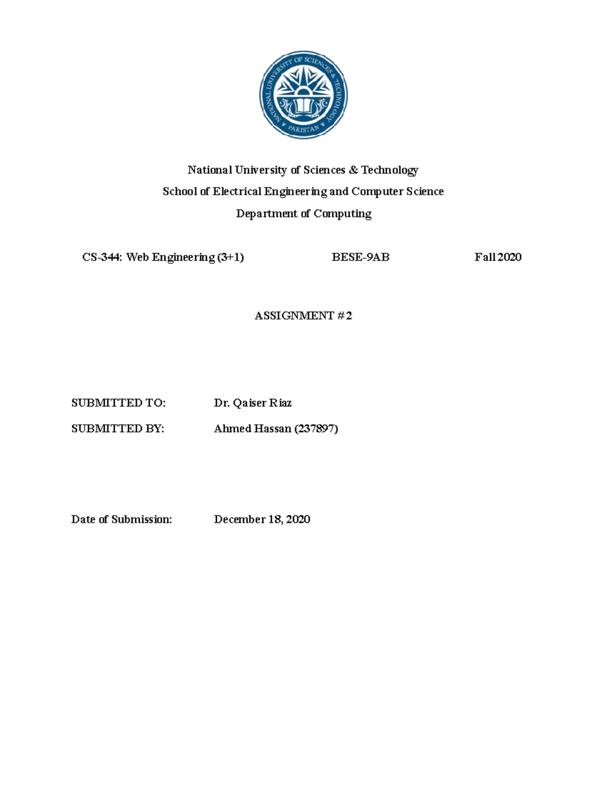 Ahmed Hassan Ismail - BESE-9B - 237897 - Web Asn 2 - National University of Sciences & - Studocu