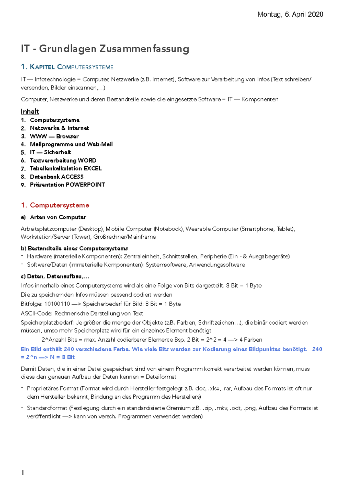 IT - Grundlagen Zusammenfassung - KAPITEL COMPUTERSYSTEME IT ...