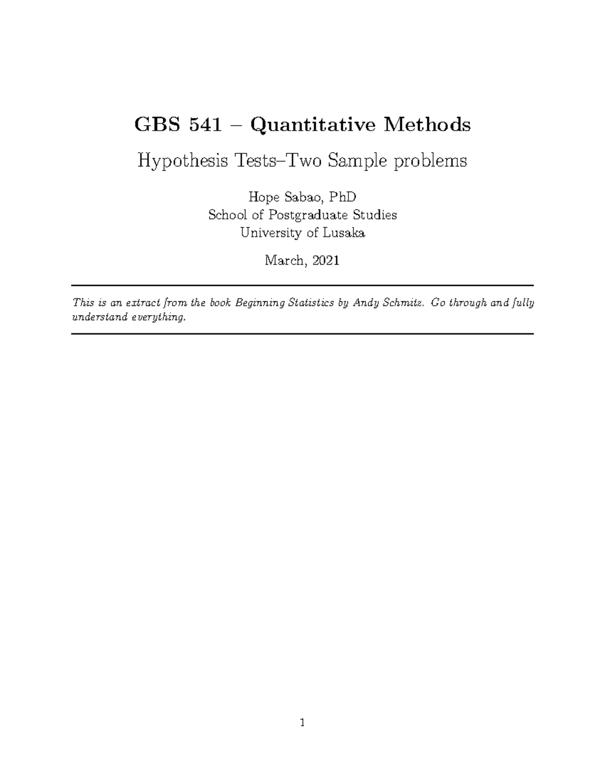 Hypothesis two sample test - GBS 541 – Quantitative Methods Hypothesis ...