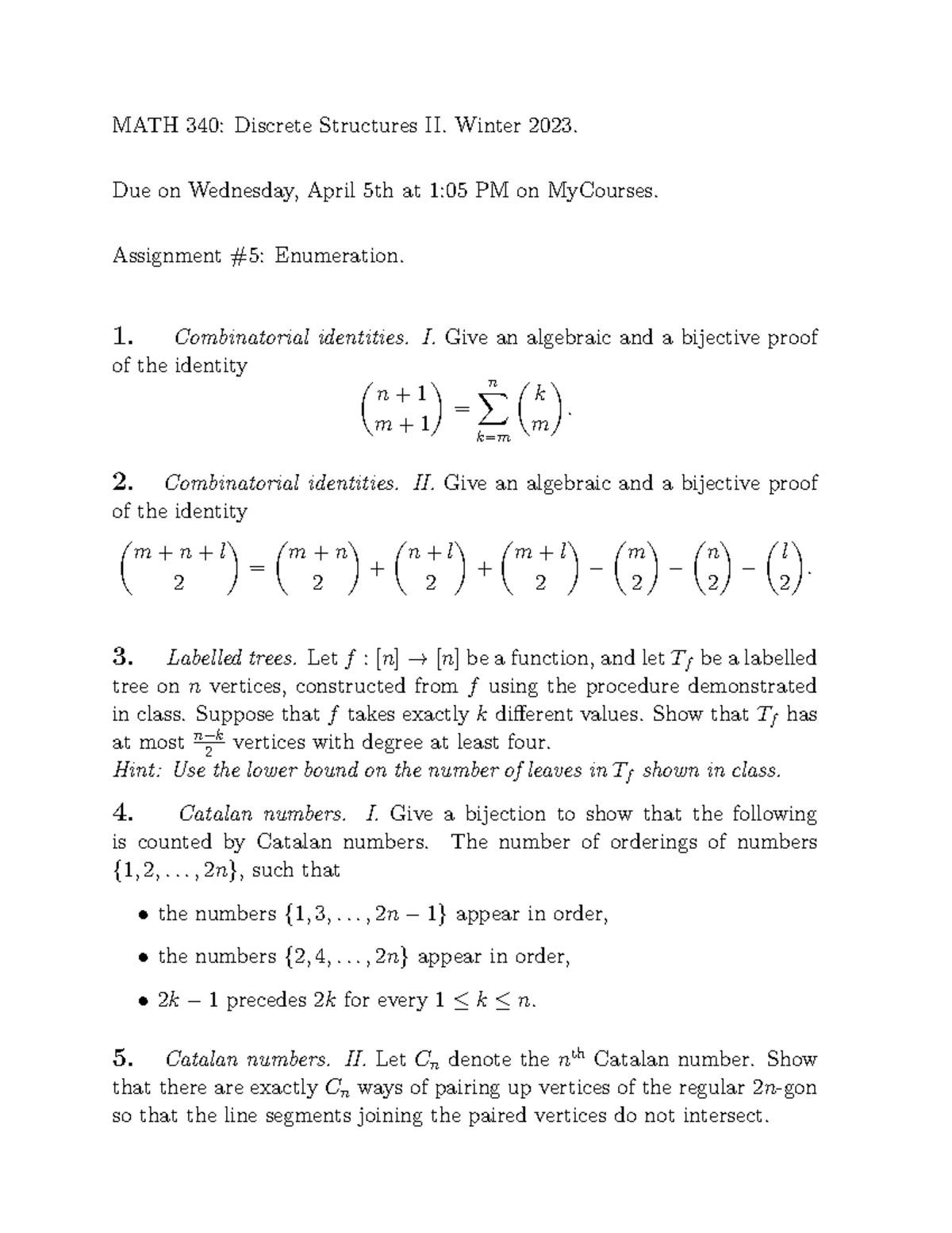 MATH340HW5W23 - 5th homework assignment - MATH 340: Discrete Structures ...