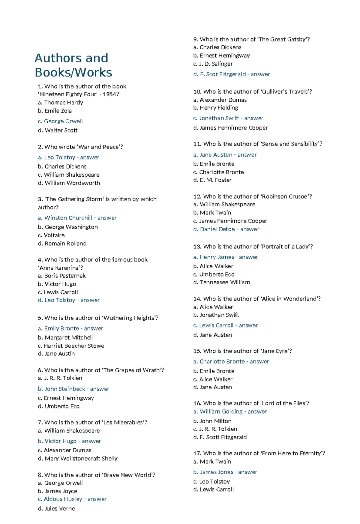 World Literature Questionnaire Part2 Answer KEY - Authors and Books ...