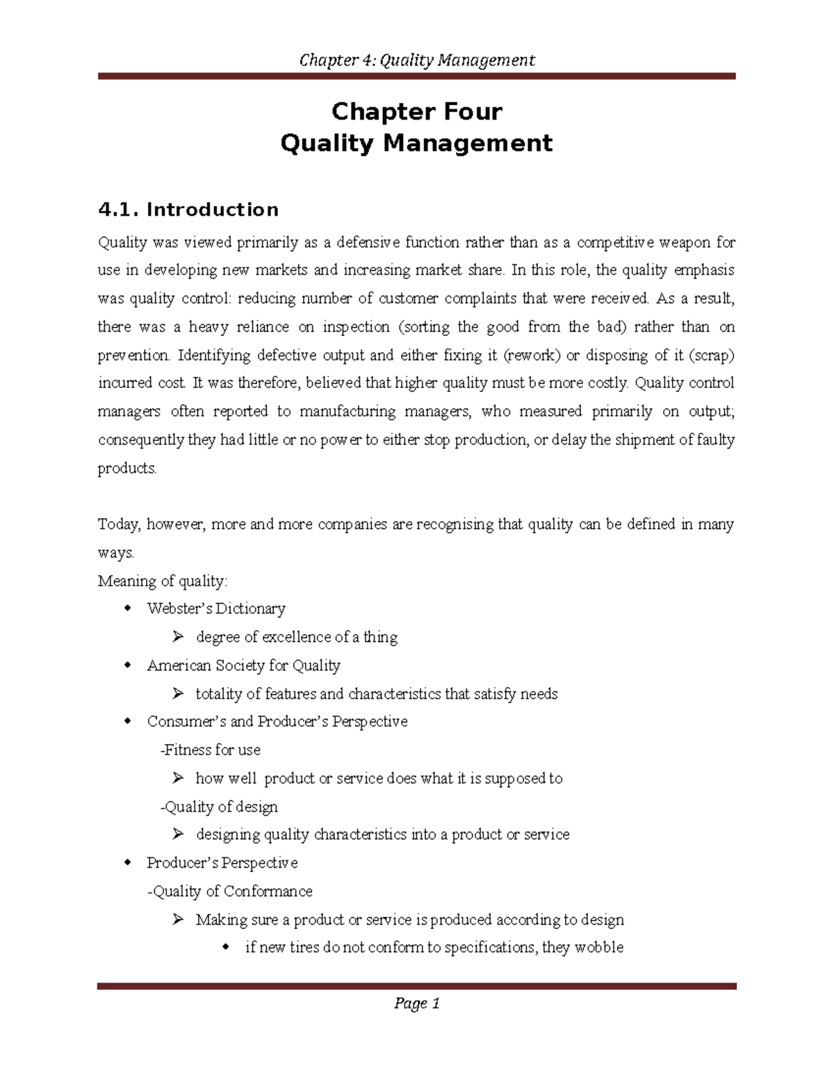 Chapter Four-Operational Management - Chapter Four Quality Management 4 ...
