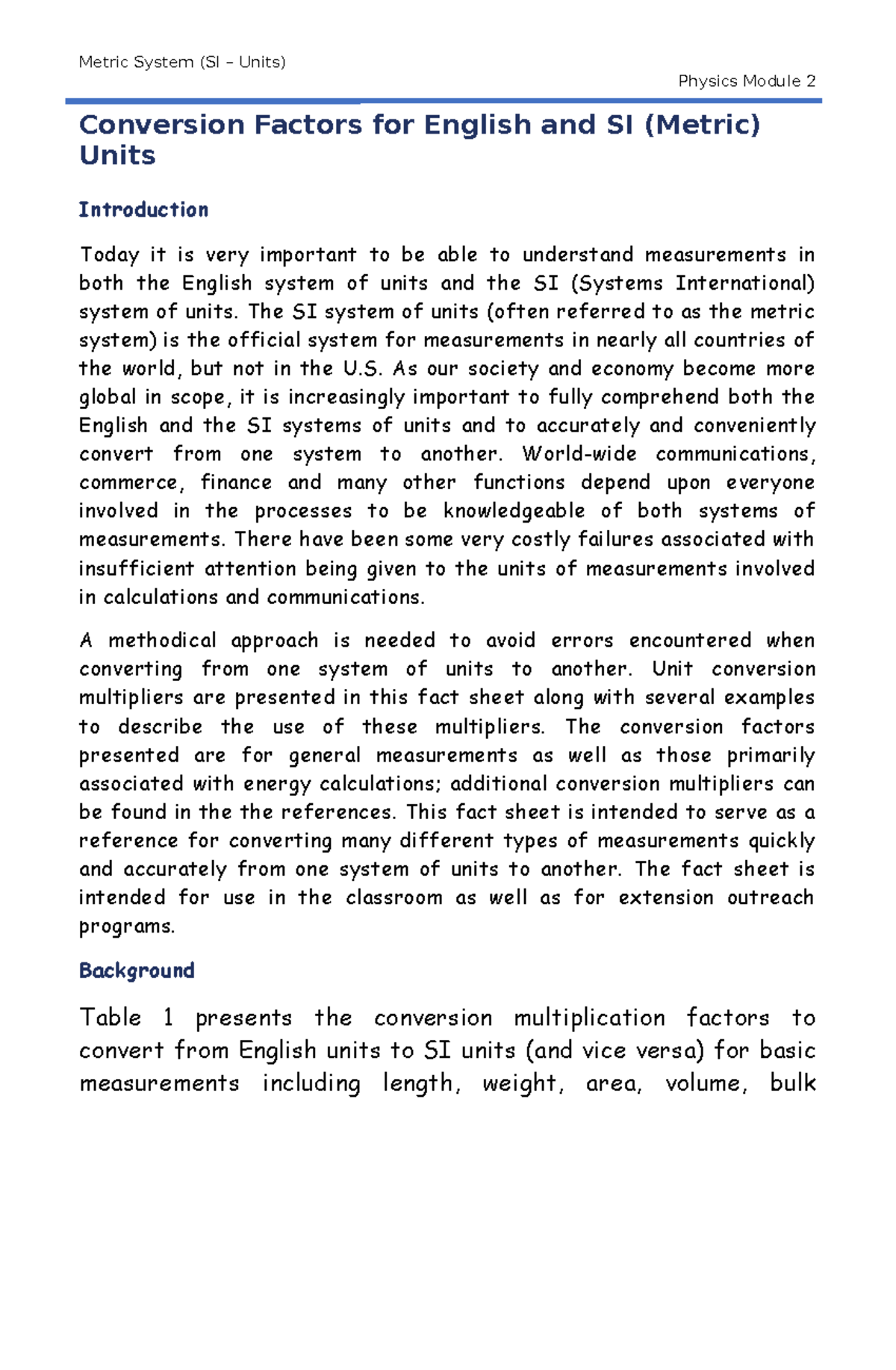 Lesson 1 Conversion Factors for English and SI - Physics Module 2 ...