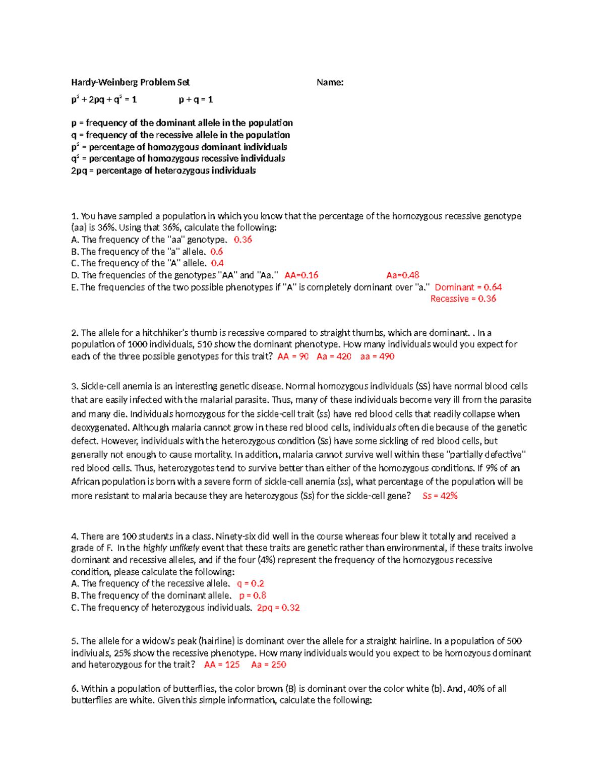 Hardy Weinberg Problem Set Answers - Hardy-Weinberg Problem Set Name: p ...