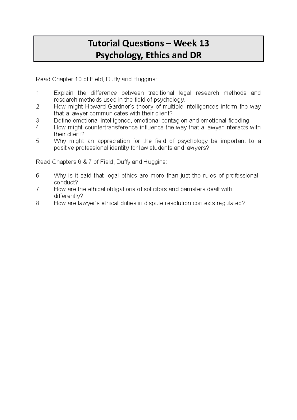 LLB103 Week 13 Tutorial - Tutorial Questions – Week 13 Psychology ...