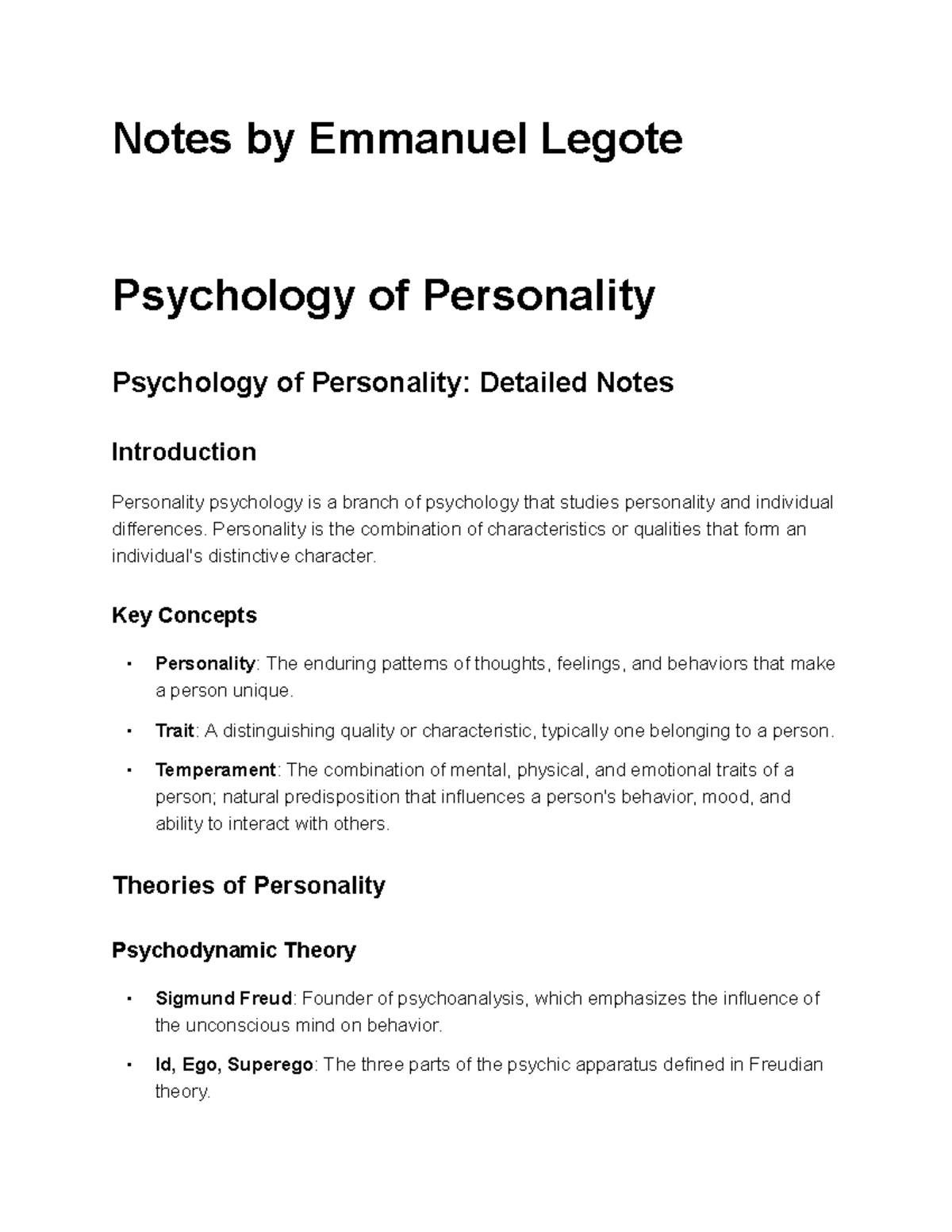 Psychology of Personality - Notes by Emmanuel Legote Psychology of ...