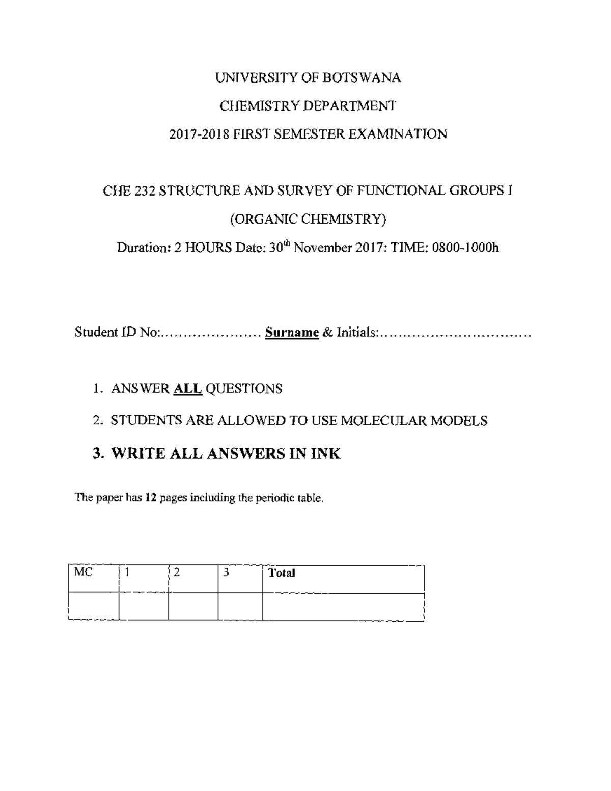 CHE 232 EXAM 2017-2018 - UNIVERSITY OF BOTSWANA CHEMISTRY DEPARTMENT ...