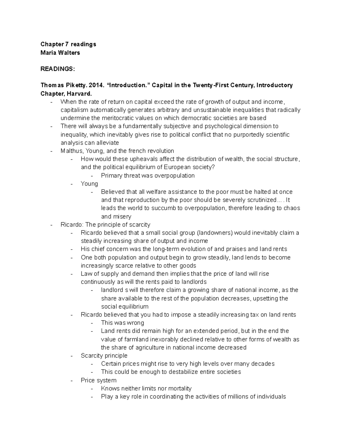 Chapter 7 readings, INTLSTD - Chapter 7 readings Maria Walters READINGS: Thomas Piketty. 2014 ...