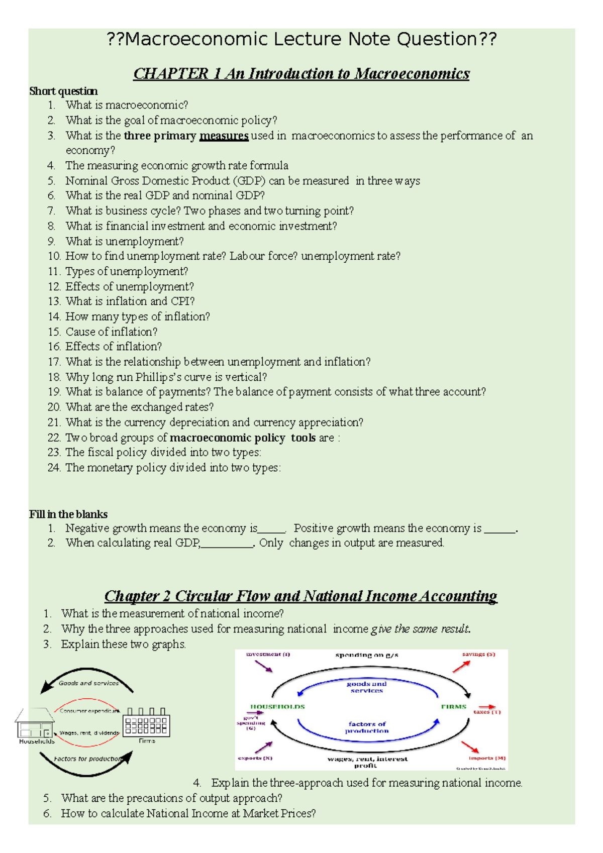 Macroeconomic Question Macroeconomic Lecture Note Question Chapter 1 An Introduction To