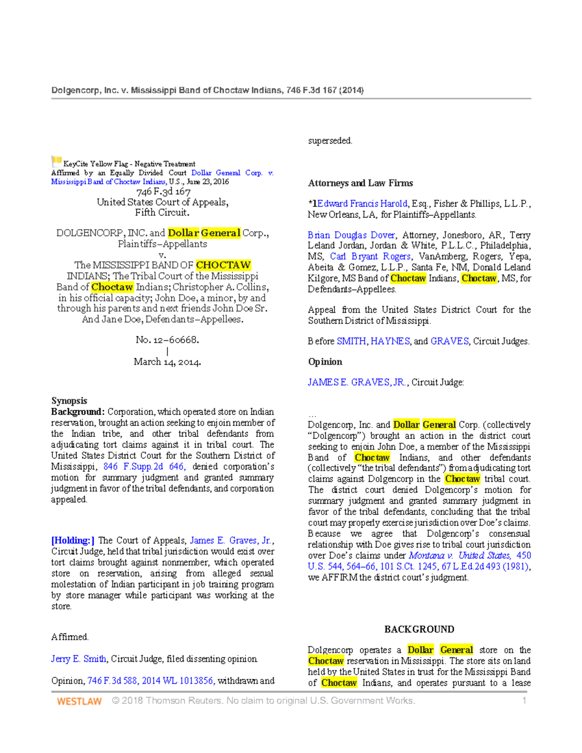 Dollar General v Miss Band of Choctaw Indians 5th - KeyCite Yellow Flag ...