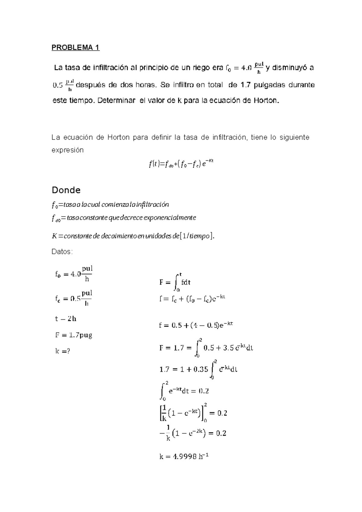 Ejercicios hidro - Conocimientos específicos 2 - PROBLEMA 1 La ecuación de Horton para definir ...