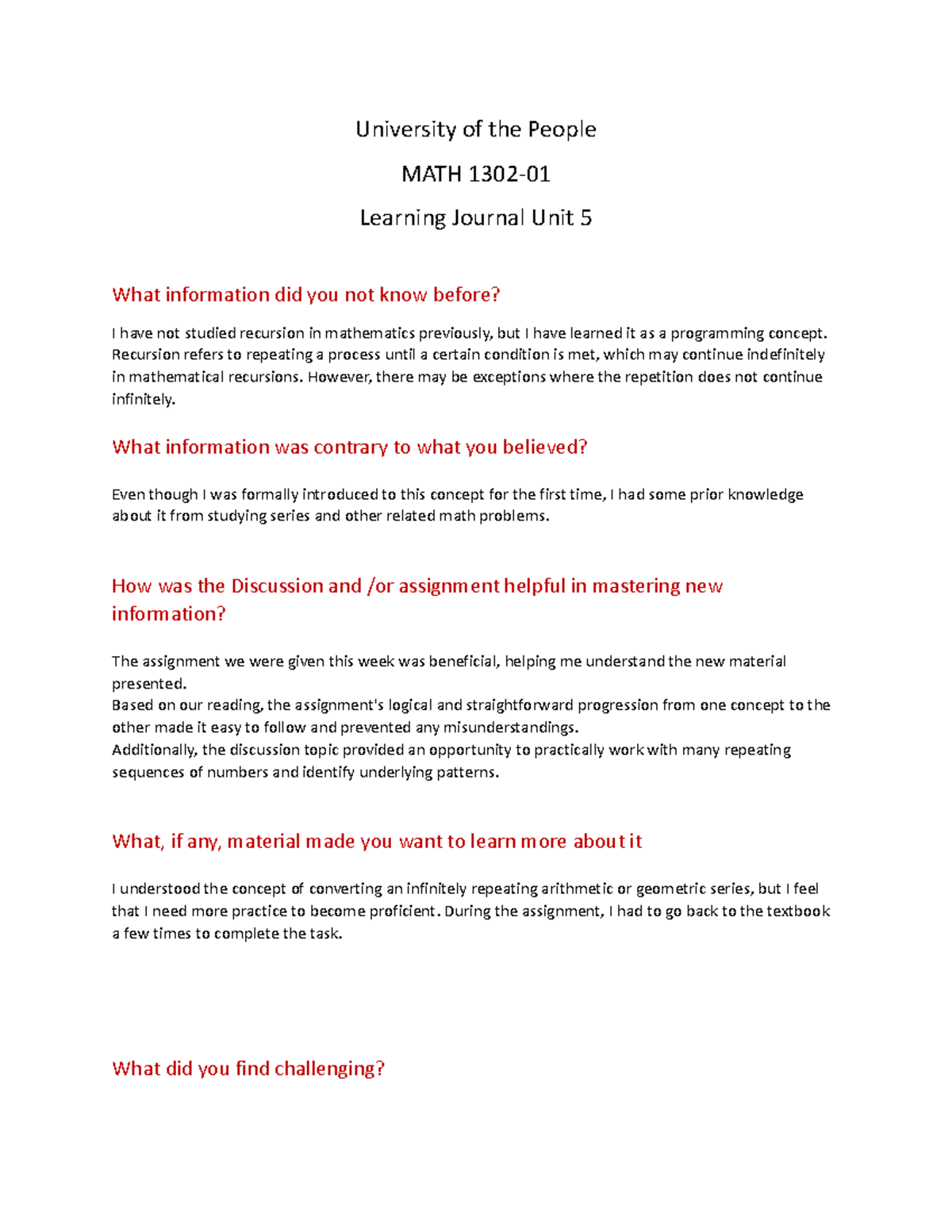 Math 1302 Learning Journal Unit 5 - MATH 1302 - UoPeople - Studocu