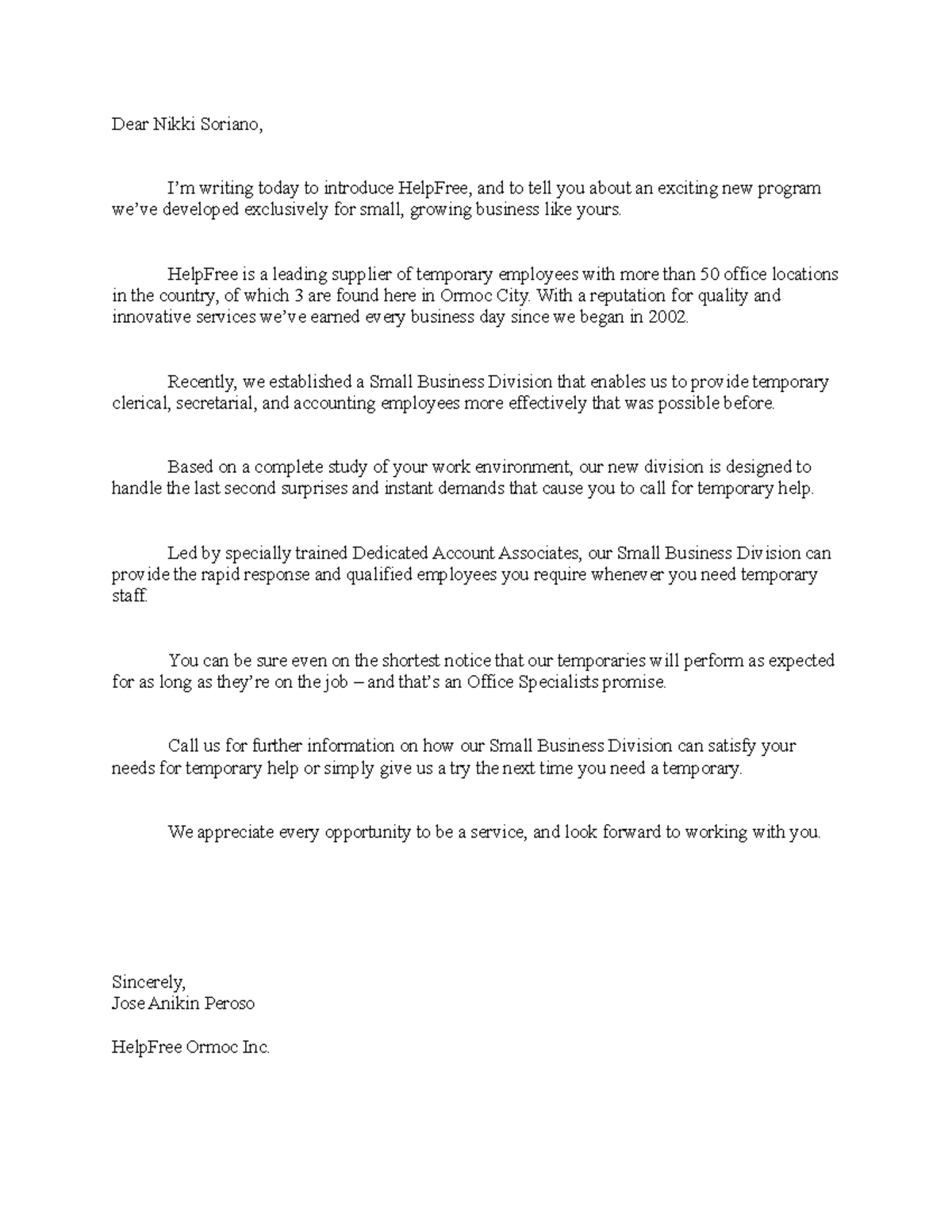 Letter OF Introduction - Dear Nikki Soriano, I’m writing today to ...