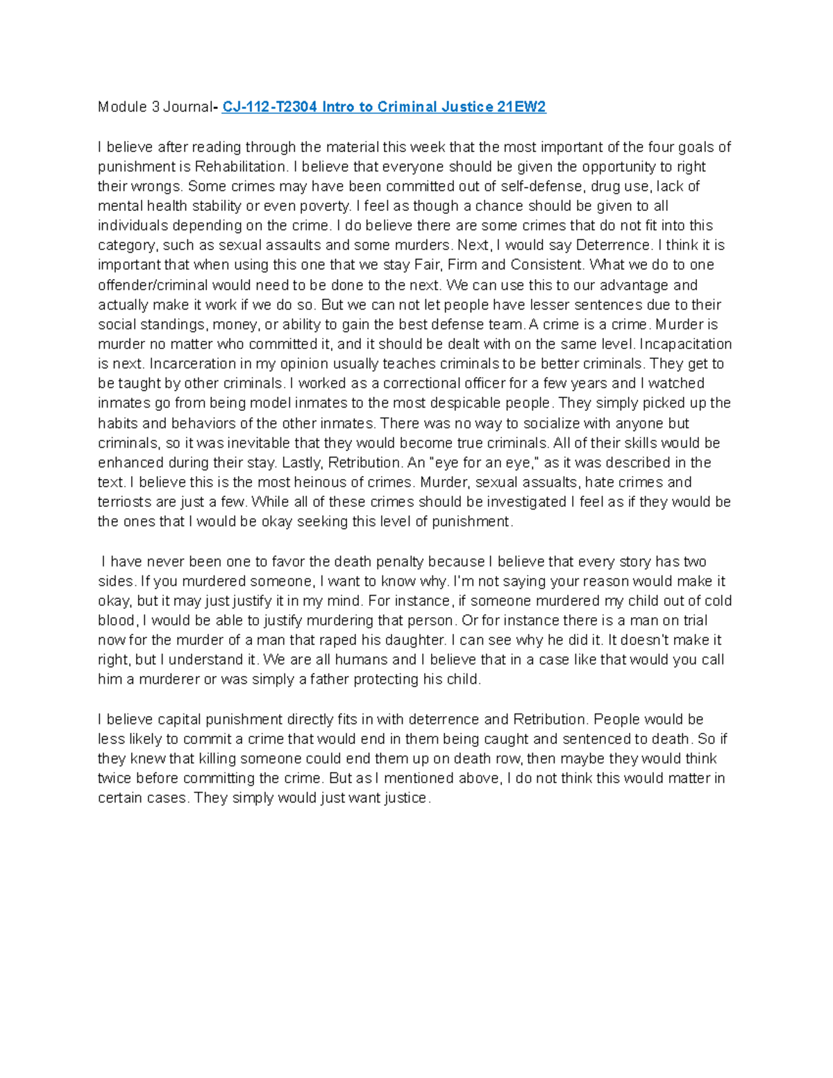 Module 3 Journal- CJ-112-T2304 Intro to Criminal Justice 21EW2 - CJ-112 ...