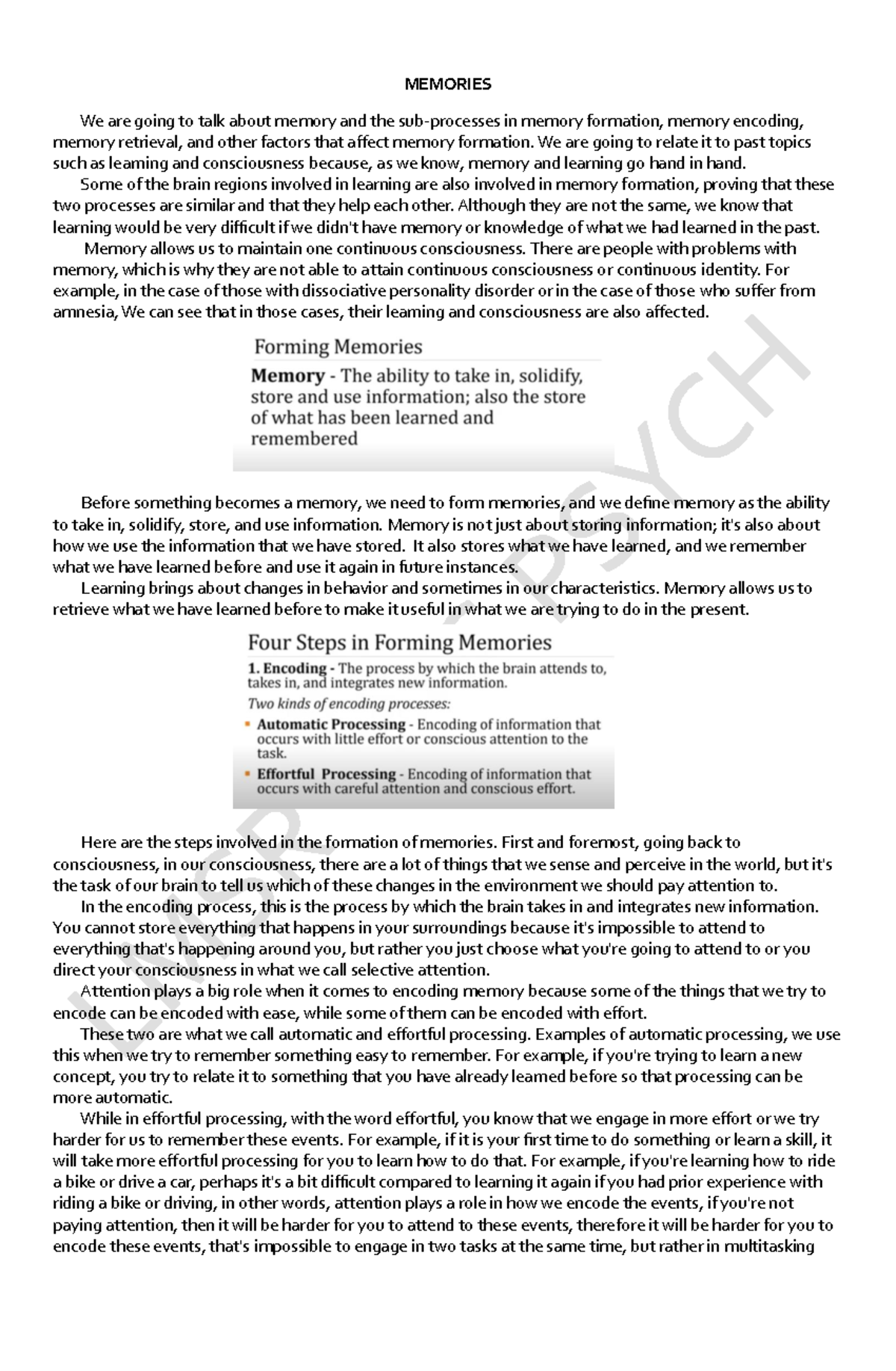 Memory notes - MEMORIES We are going to talk about memory and the sub ...