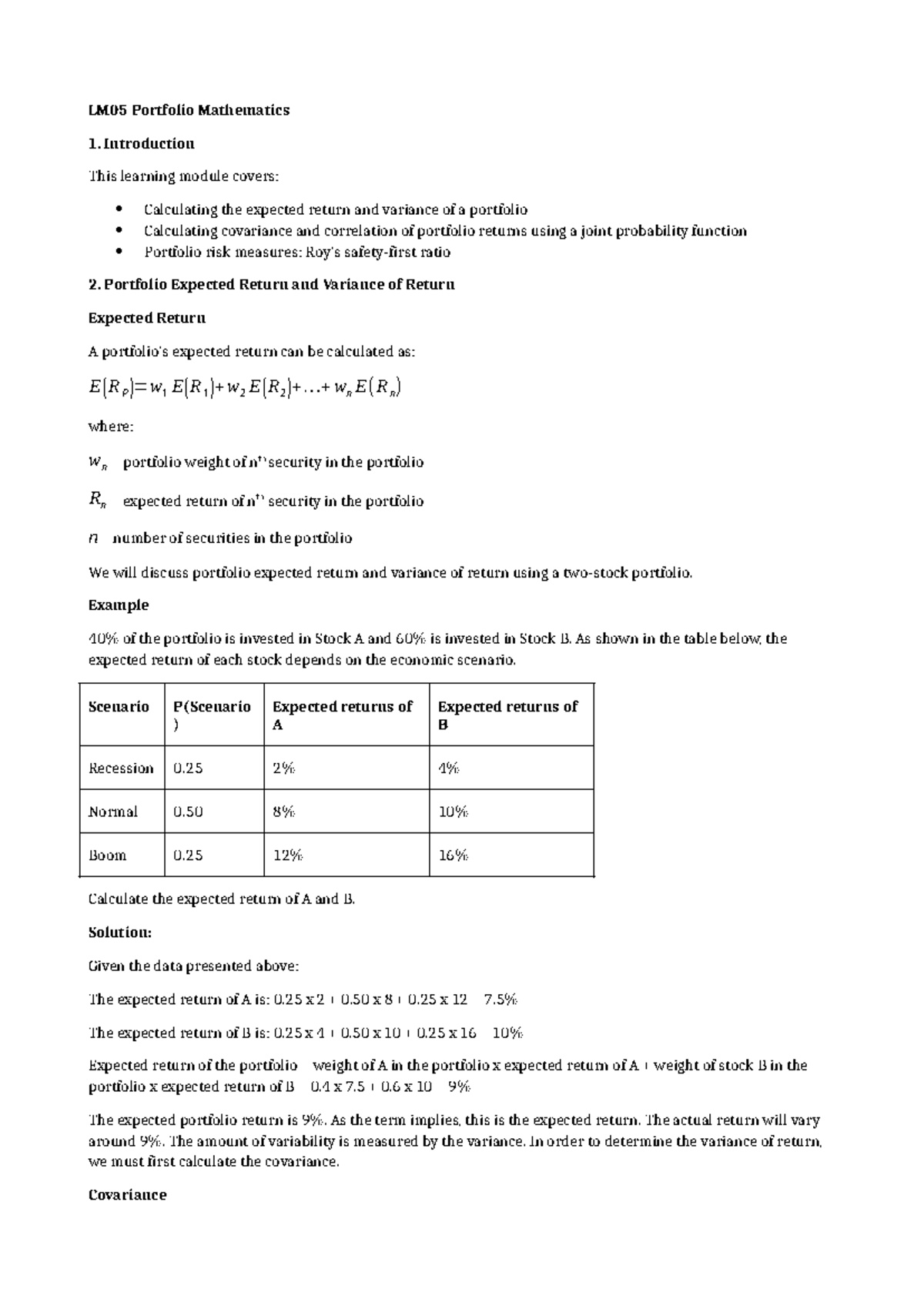 LM05 Portfolio Mathematics - Introduction This learning module covers ...