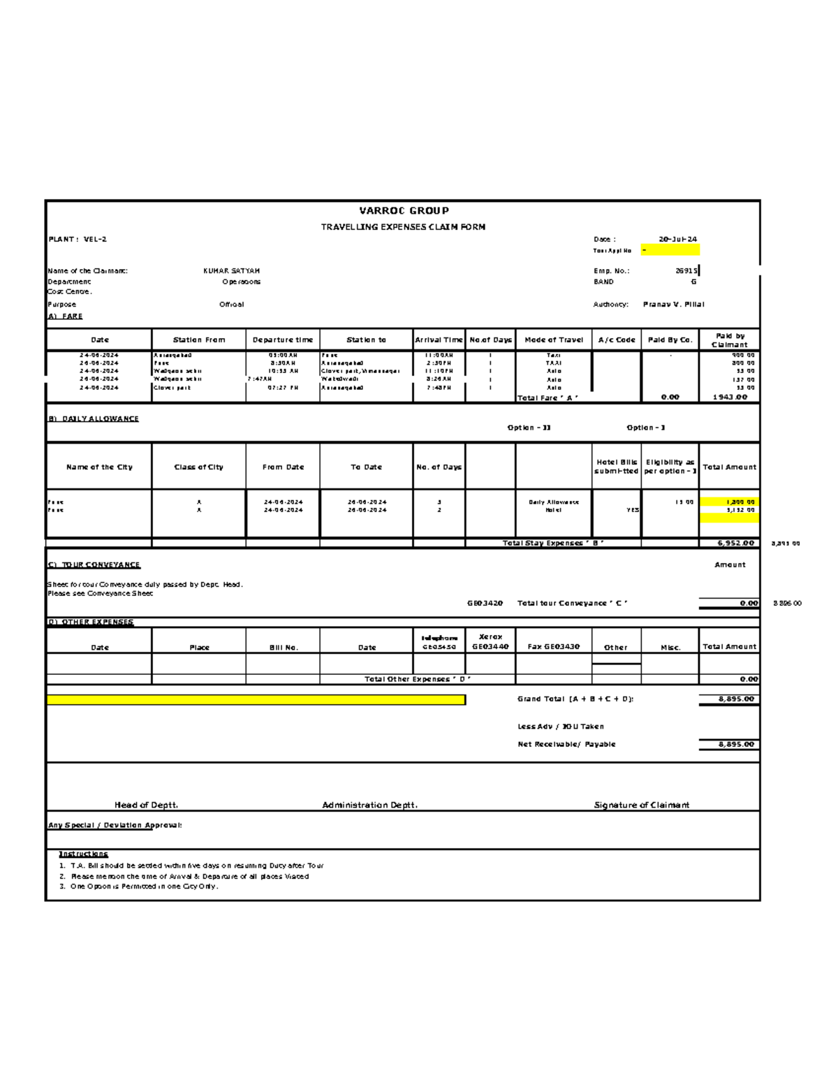 Domestic travel expenses claim form June - PLANT : VEL-2 Date : 20-Jul ...