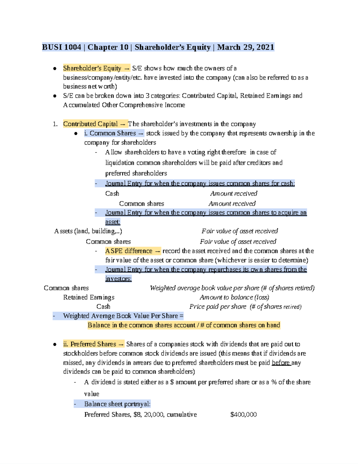 Chap 10 notes pdf - BUSI 1004 | Chapter 10 | Shareholder’s Equity ...