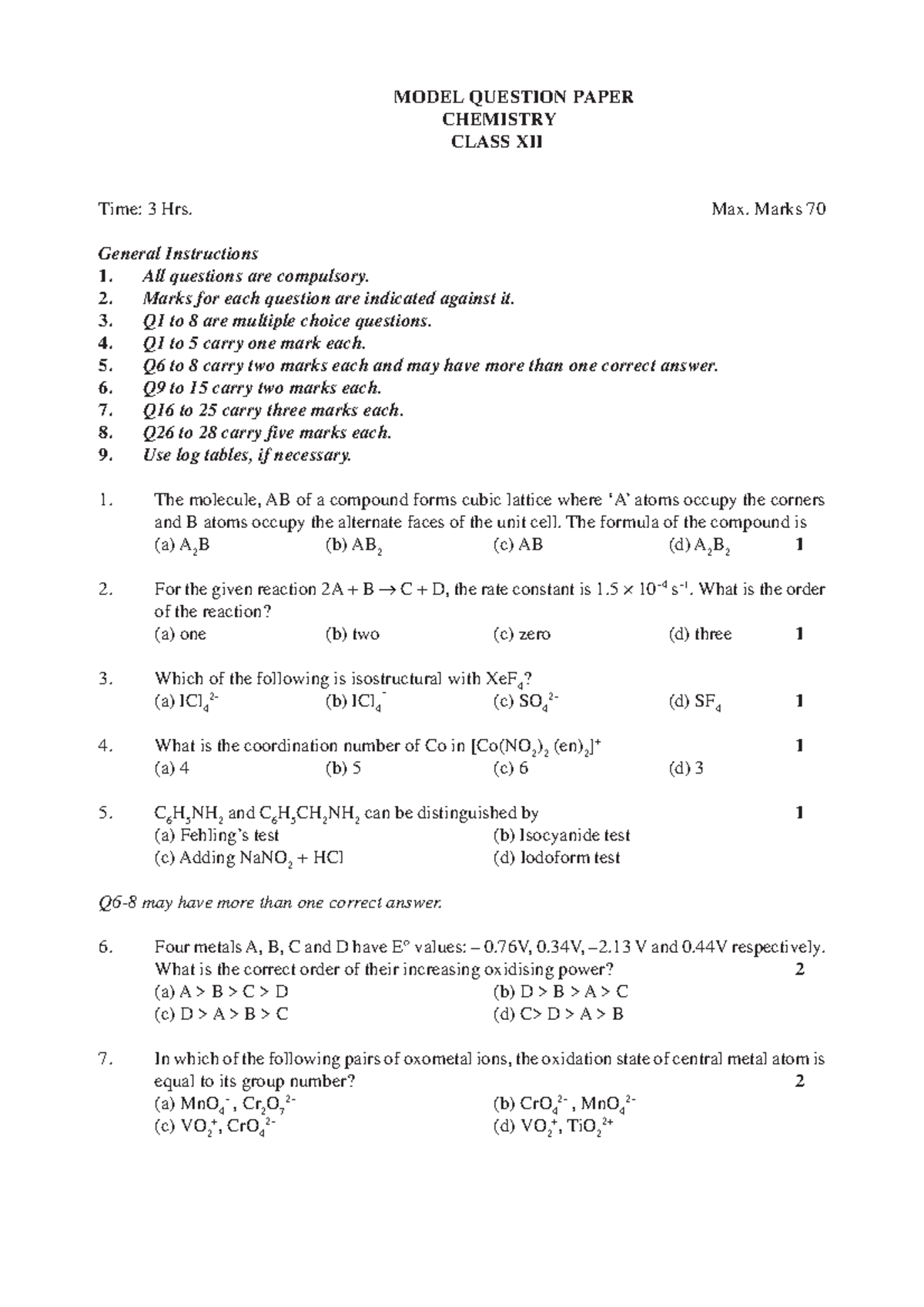 CBSE 12 Chemistry - QUESTION PAPER - MODEL QUESTION PAPER CHEMISTRY ...