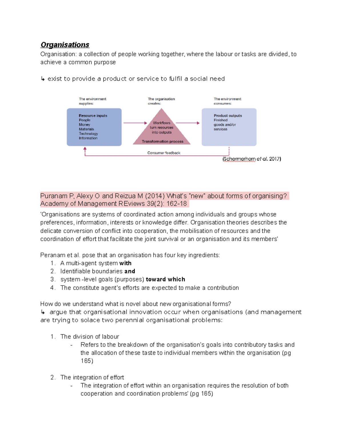 Mgmt lect1 - notes for lecture 1 - Organisations Organisation: a ...